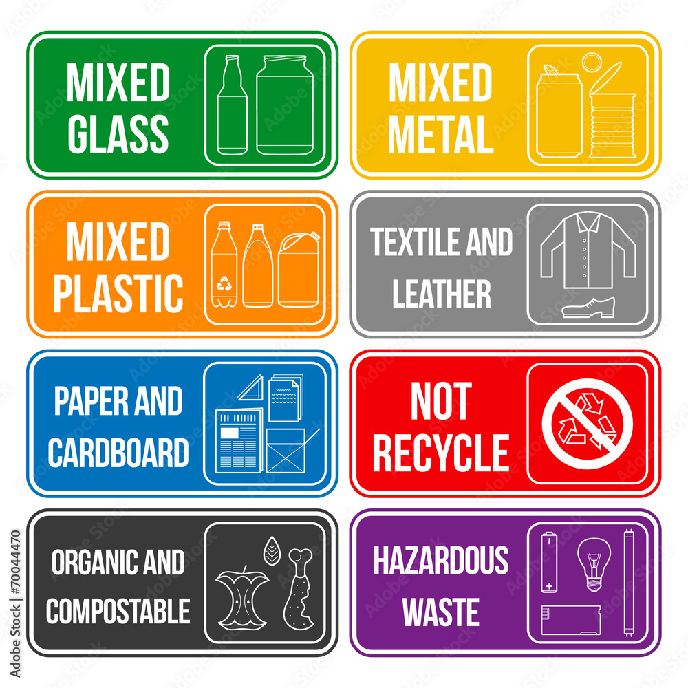 vector separate collection of waste labels set vector de Stock | Adobe ...
