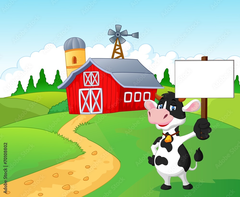 Cartoon cow holding blank sign with farm background Stock Vector ...