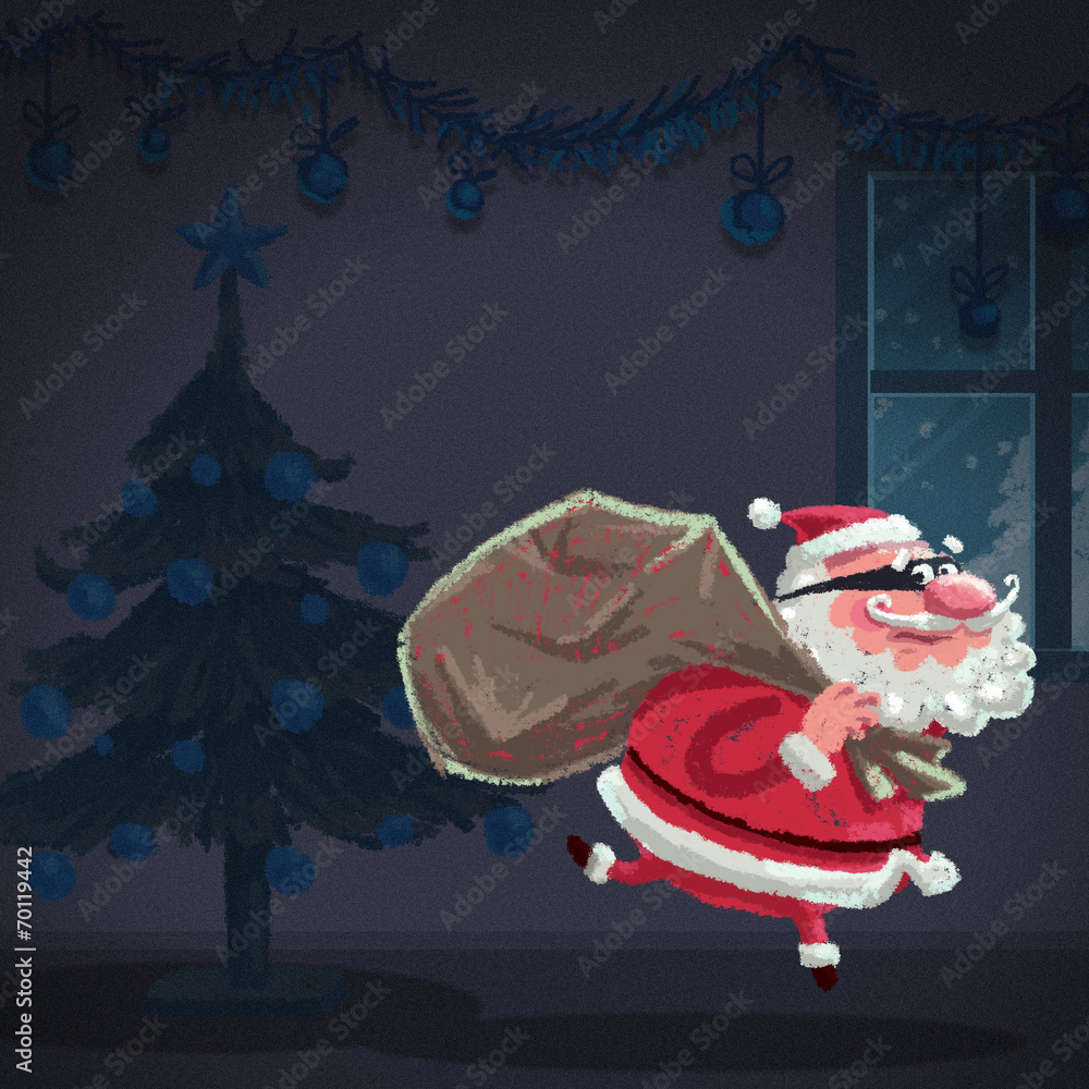 Cartoon Santa Claus thief is stealing a house at christmas Stock ...