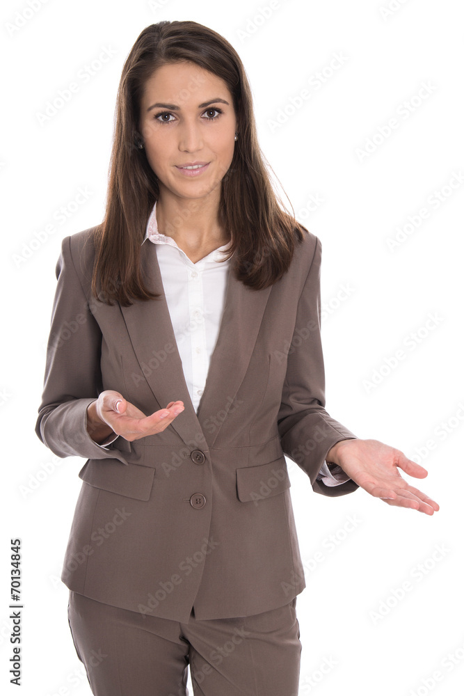 Freigestellte Geschäftsfrau in Hosenanzug braun hält Rede Stock-Foto ...
