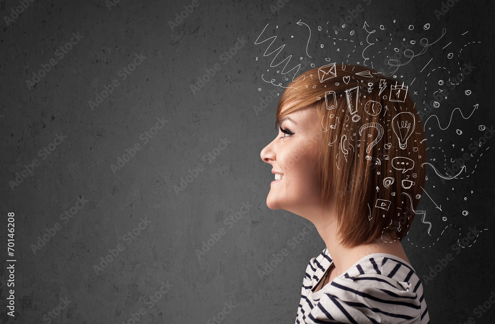 Young girl thinking with abstract icons on her head Stock Photo | Adobe ...