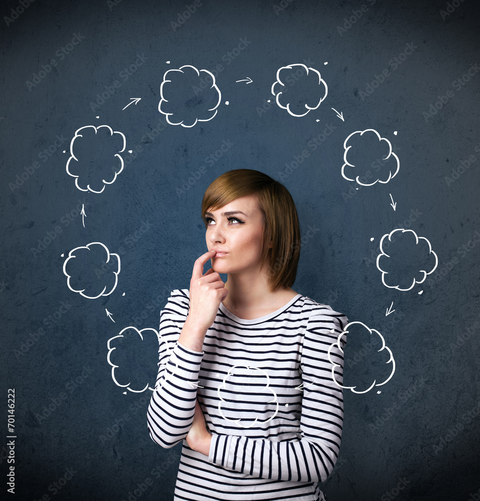 Young woman thinking with cloud circulation around her head Stock Photo ...