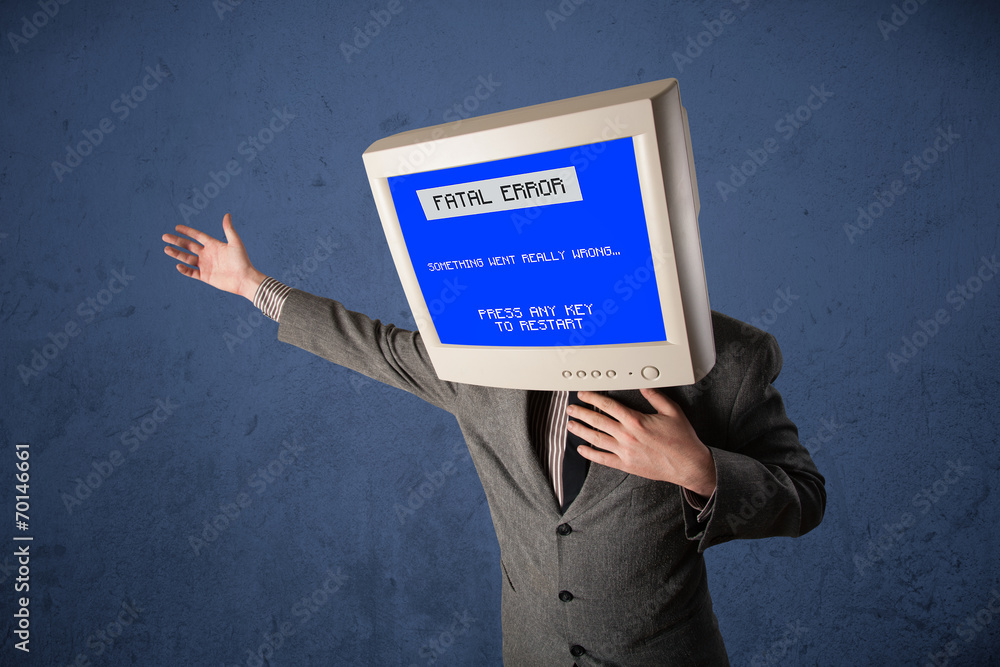 Person with a monitor head and fatal error blue screen on the di Stock ...