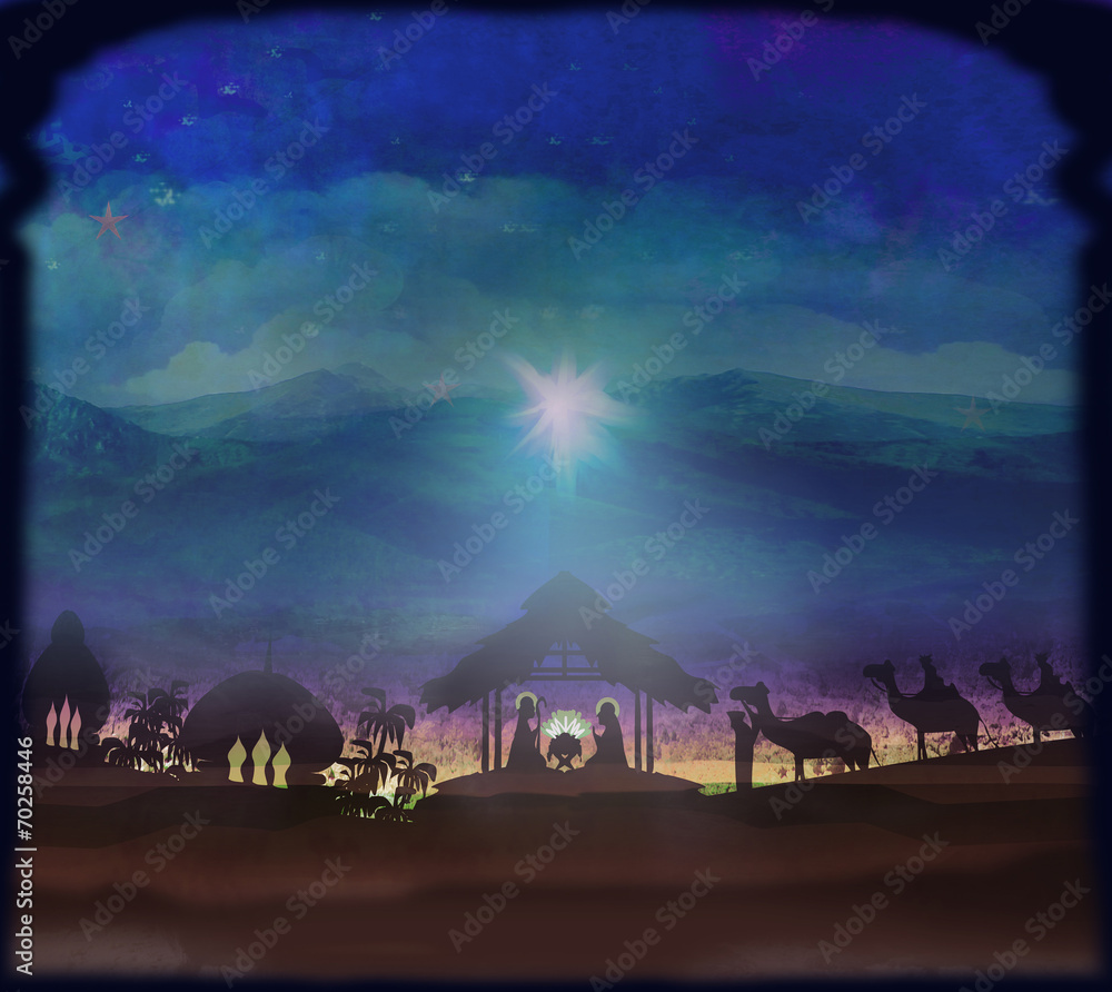 Biblical scene - birth of Jesus in Bethlehem. Stock Illustration ...