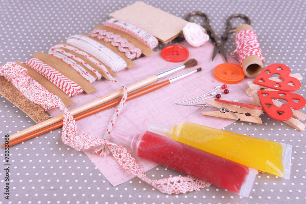 Scrapbooking craft materials on bright background Stock Photo | Adobe Stock