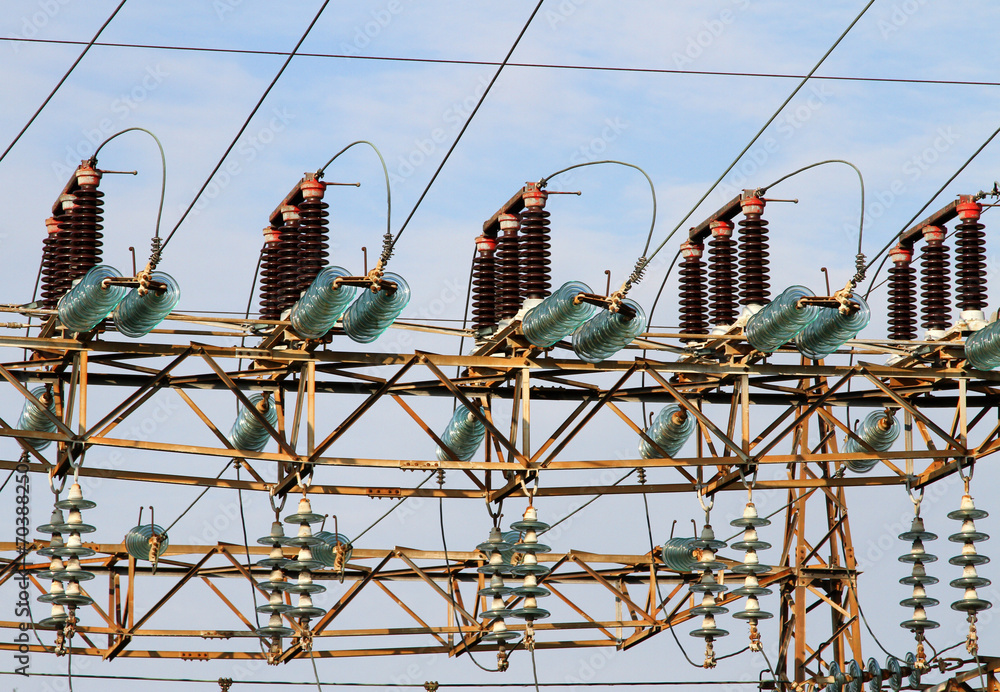 insulators in a power plant with high voltage cables Stock Photo ...