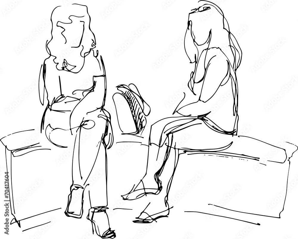 sketch of two friends sitting on bench Stock Vector | Adobe Stock