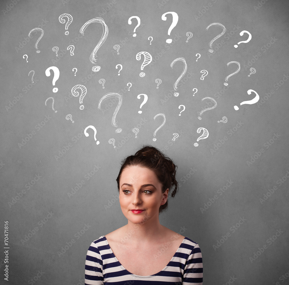 Young woman with question marks above her head Stock Photo | Adobe Stock