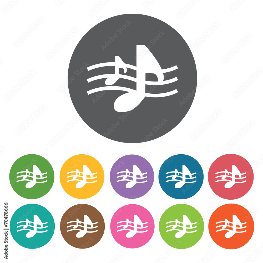 Musical notes in staff icon. Music equipment icon set. Round col Stock ...