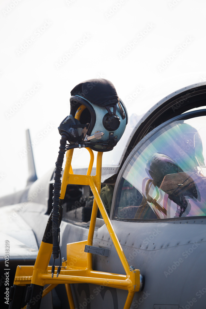 Detail of military fighter/interceptor/jetplane cockpit with pilot's ...