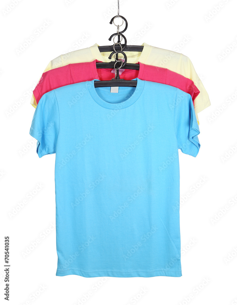 three t-shirt template on hange isolated on white Stock Photo | Adobe Stock