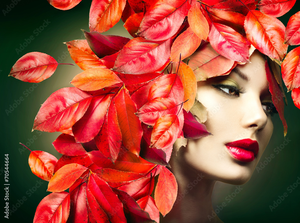 Autumn Woman. Fall. Girl with colourful autumn leaves hairstyle Stock ...