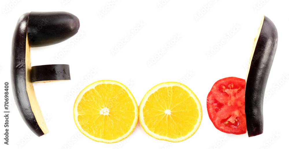 Healthy eating. Word Food made of vegetables and fruits, Stock Photo ...