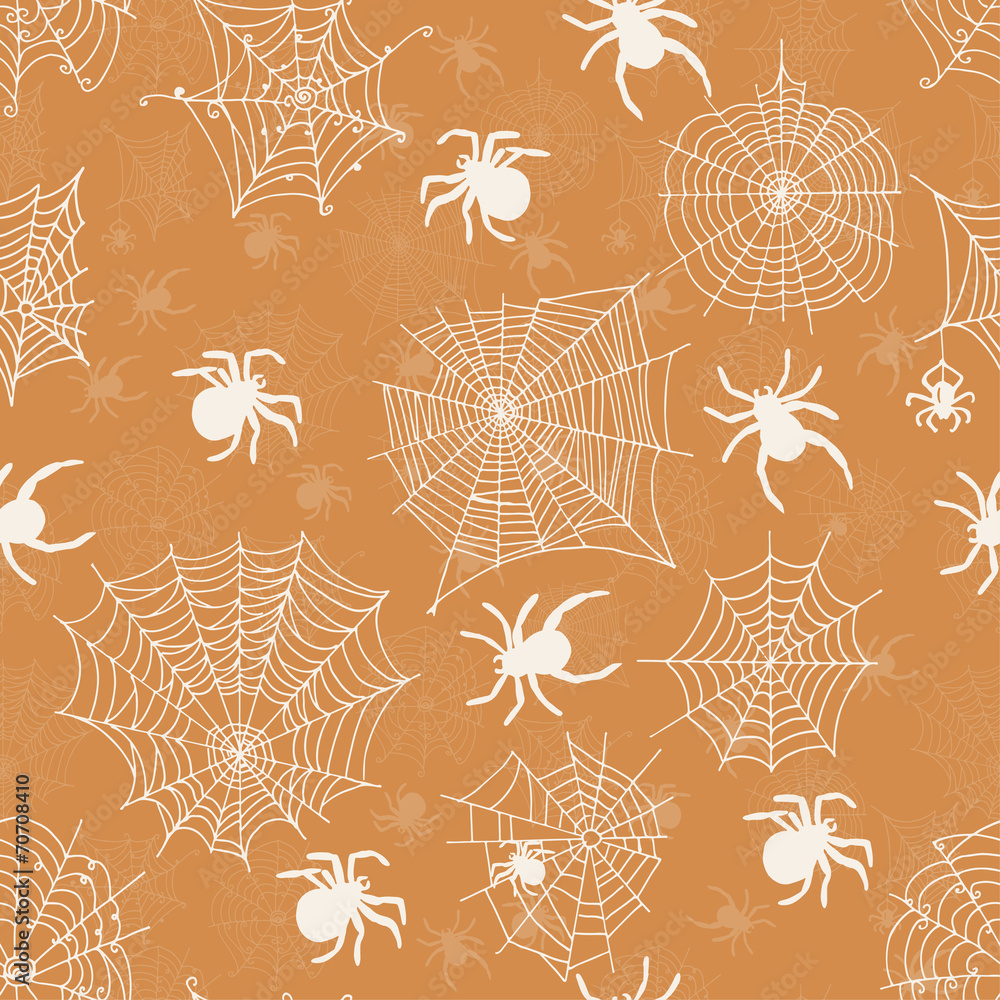 Seamless pattern with white spiders on an orange background Stock ...