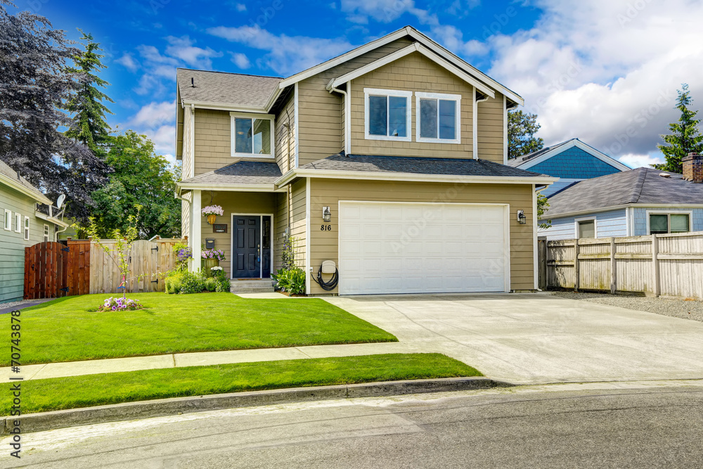 Two story house exterior with front yard landscape Stock Photo | Adobe ...