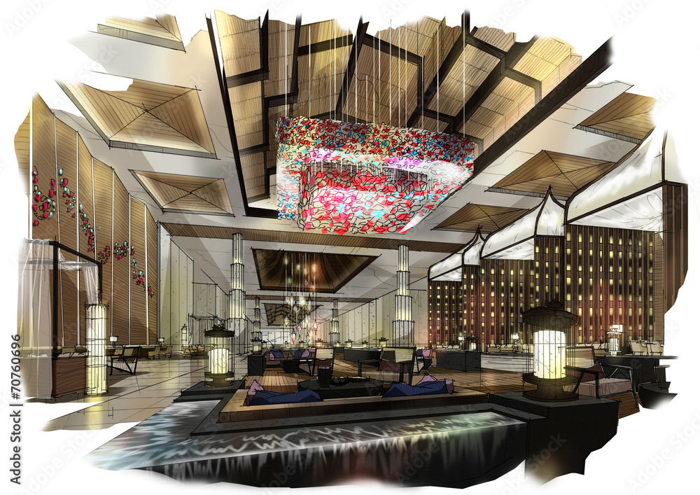 sketch design hotel,interior design,hotel,lobby hall Stock Illustration ...
