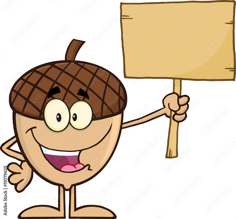 Smiling Acorn Cartoon Mascot Character Holding A Wooden Board Stock ...