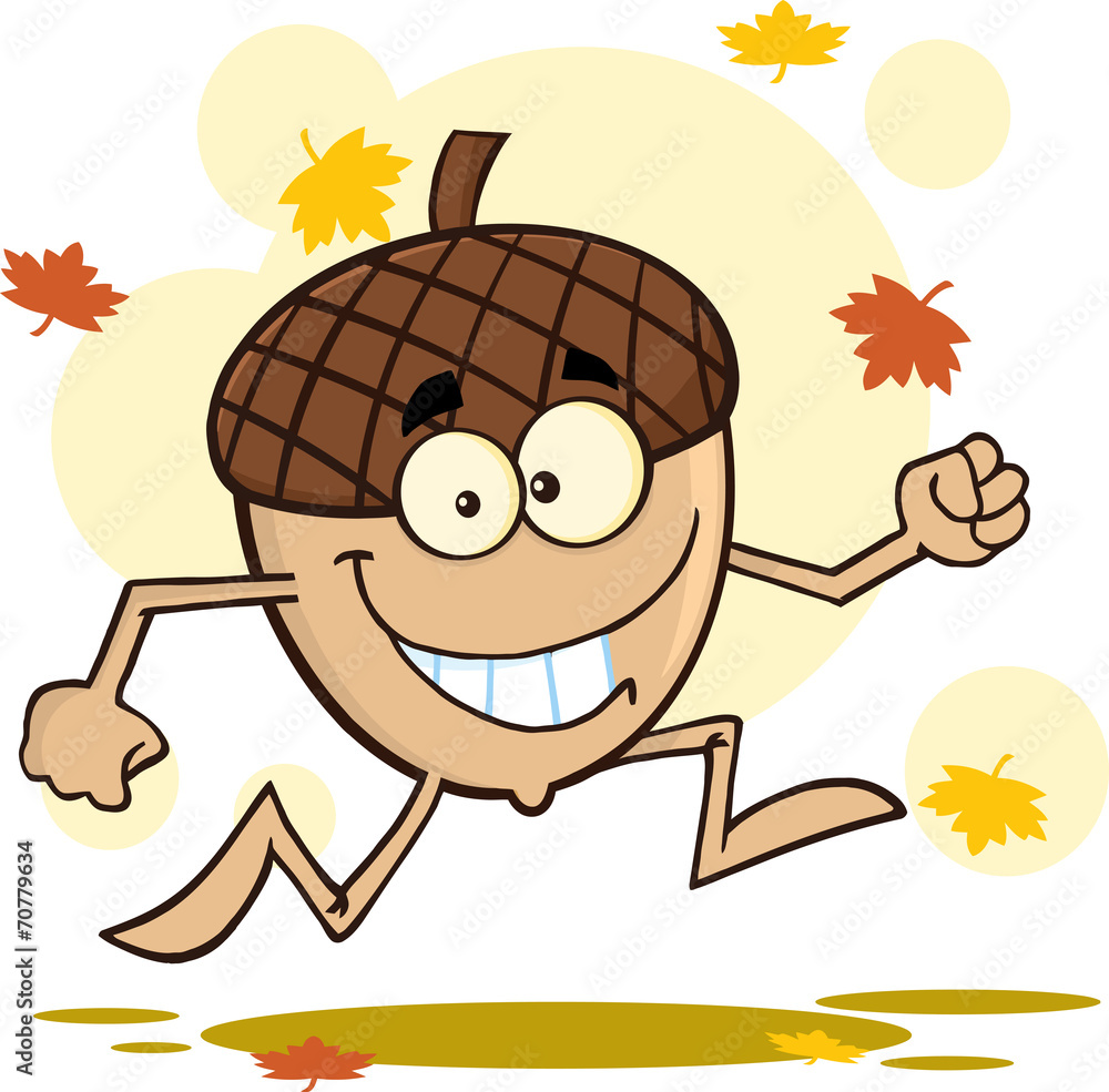 Happy Acorn Character Running With Fall Leaves Background Stock Vector ...