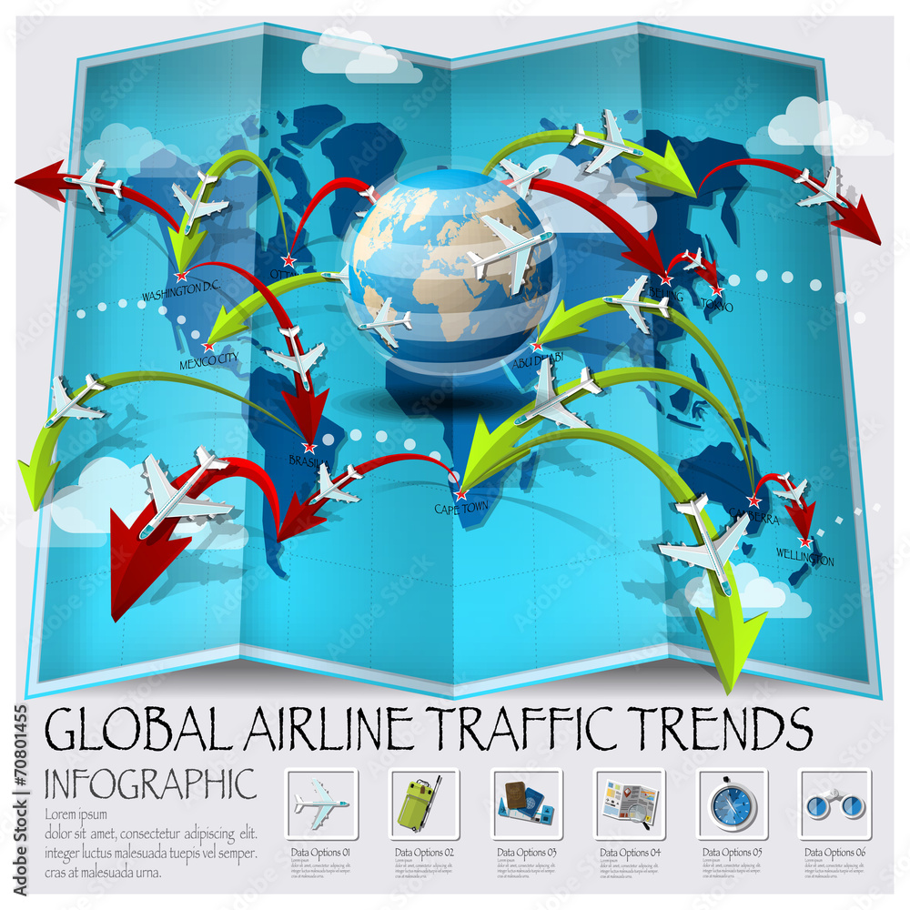 World Map Of Global Airline Traffic Trends Infographic Stock Vector ...