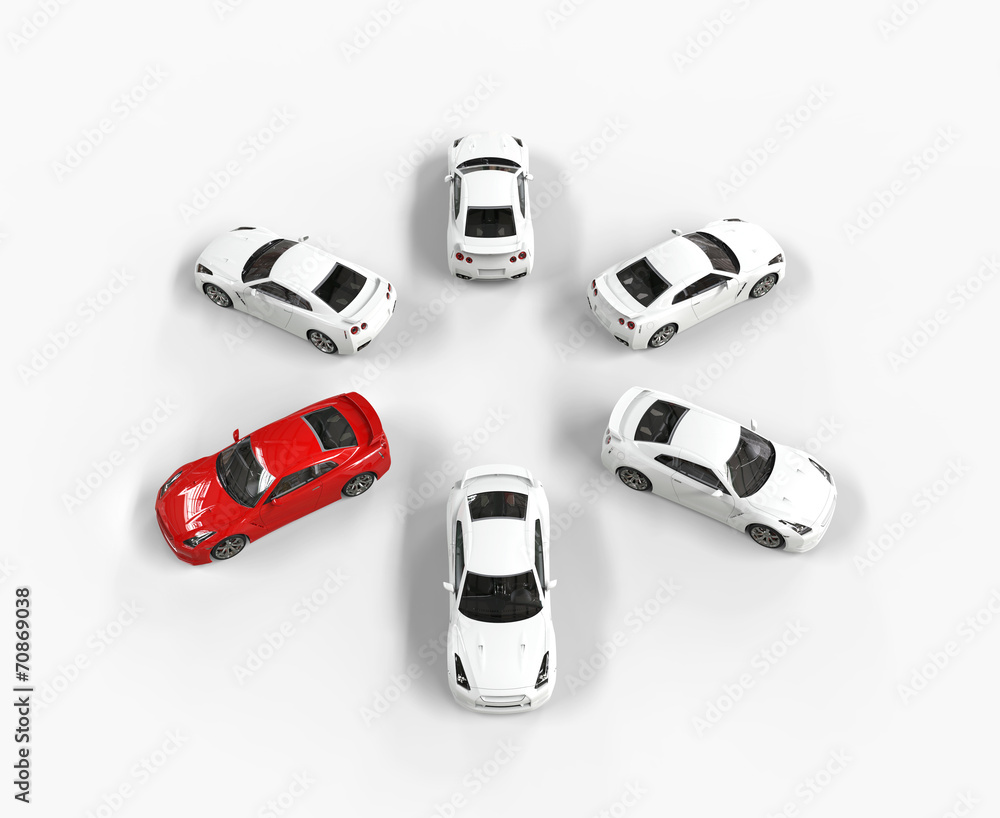 Red car among many white cars - top view Stock Illustration | Adobe Stock
