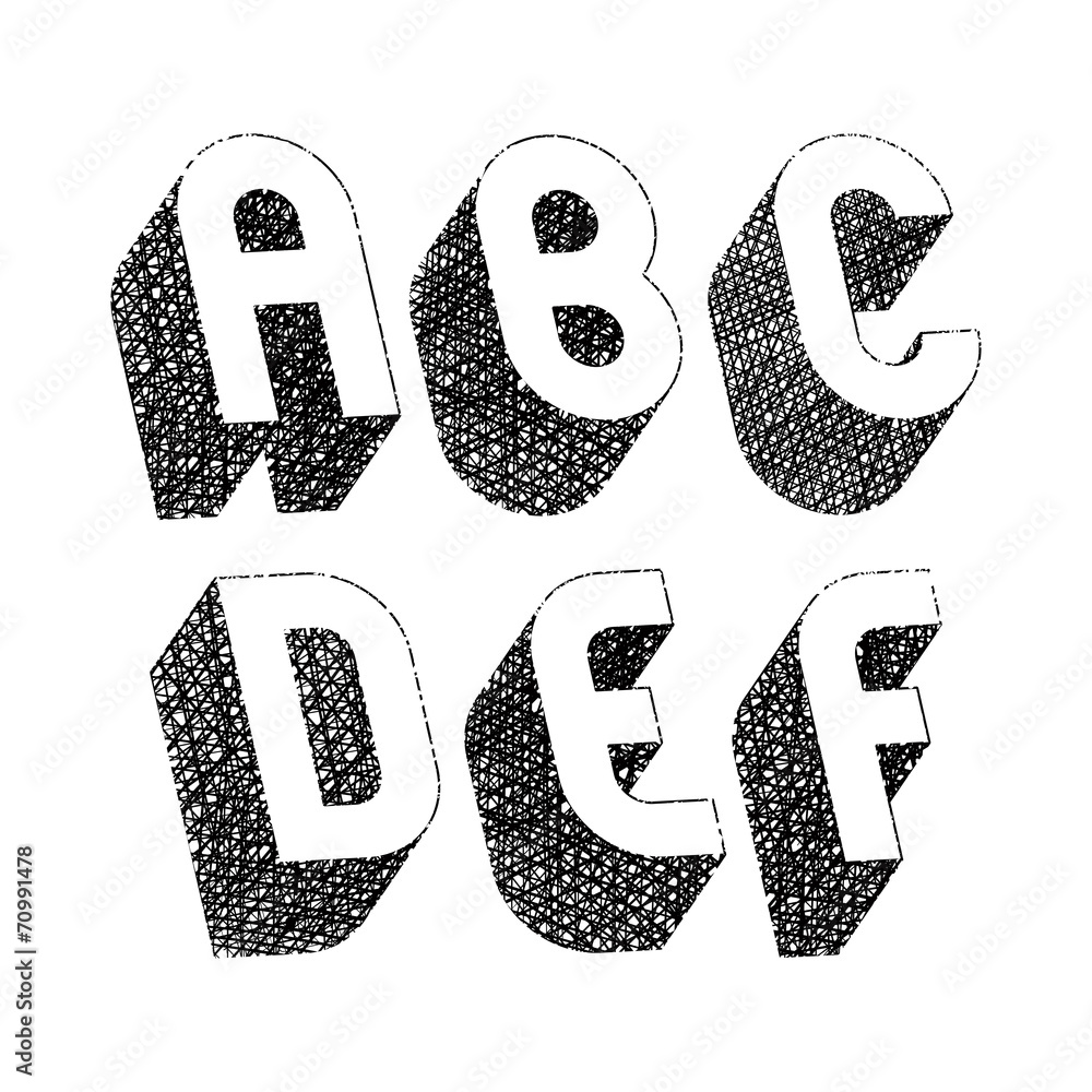 Geometric bold rounded 3d font with hand drawn lines textures, l Stock ...