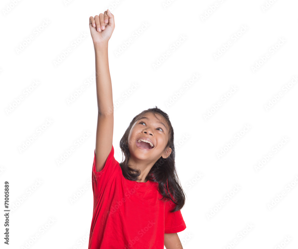Young Asian girl raising her hands over white background Stock Photo ...