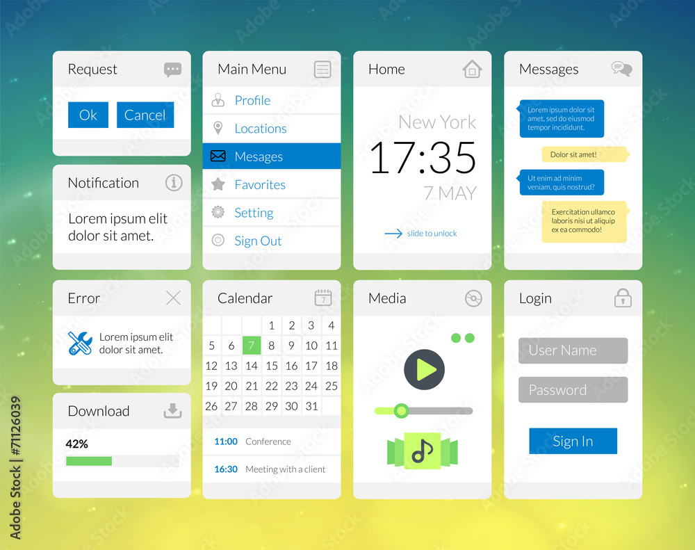 Mobile flat interface elements with colorful wallpaper, design Stock ...