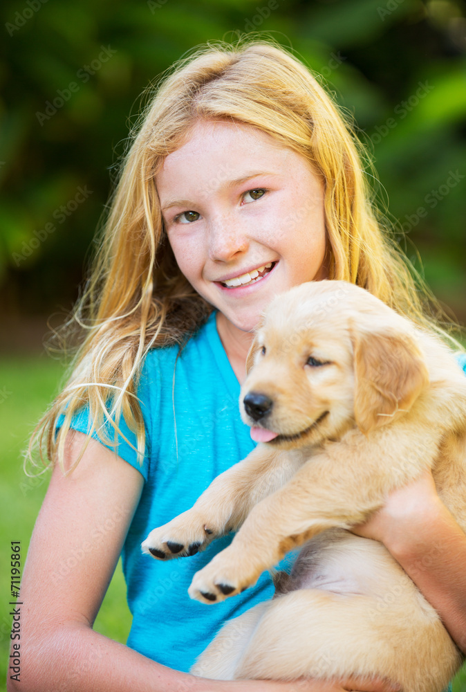 Fotografia do Stock: Cute Young Girl with Puppies | Adobe Stock