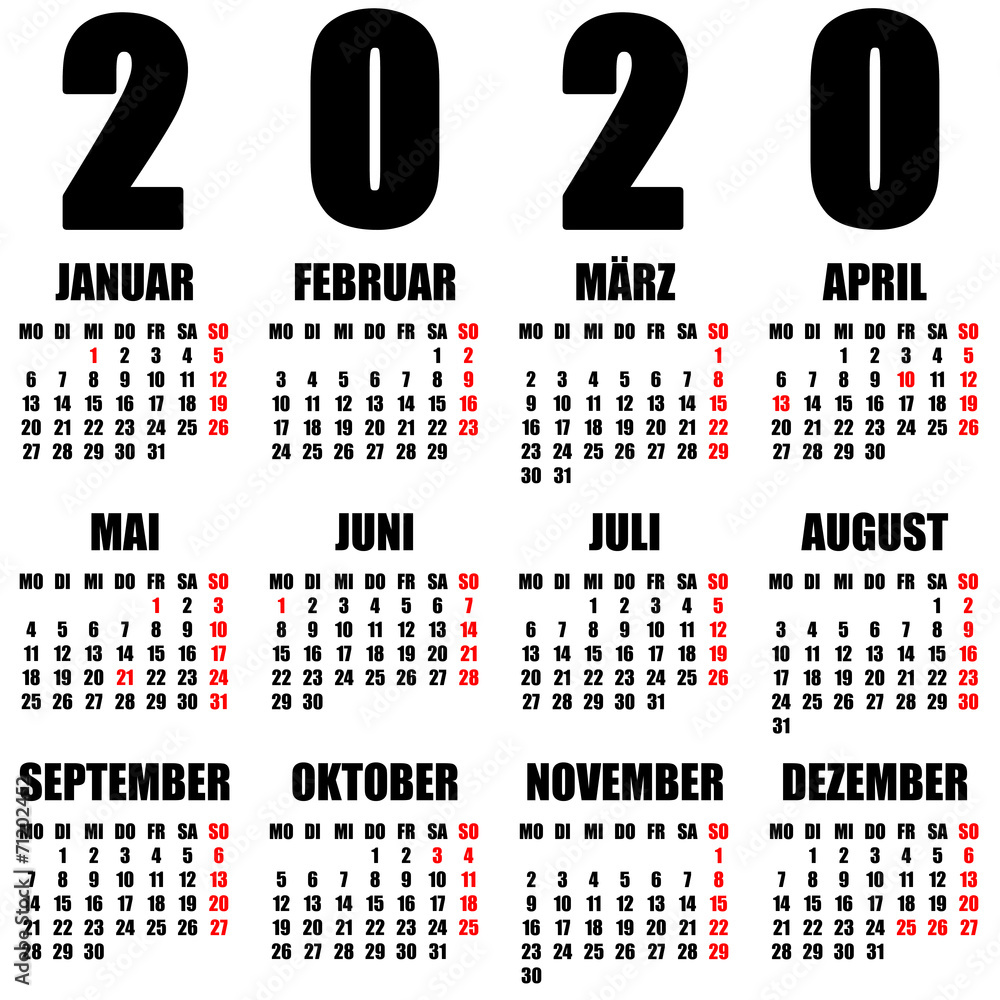 Kalender 2020 deutsch Stock Illustration | Adobe Stock