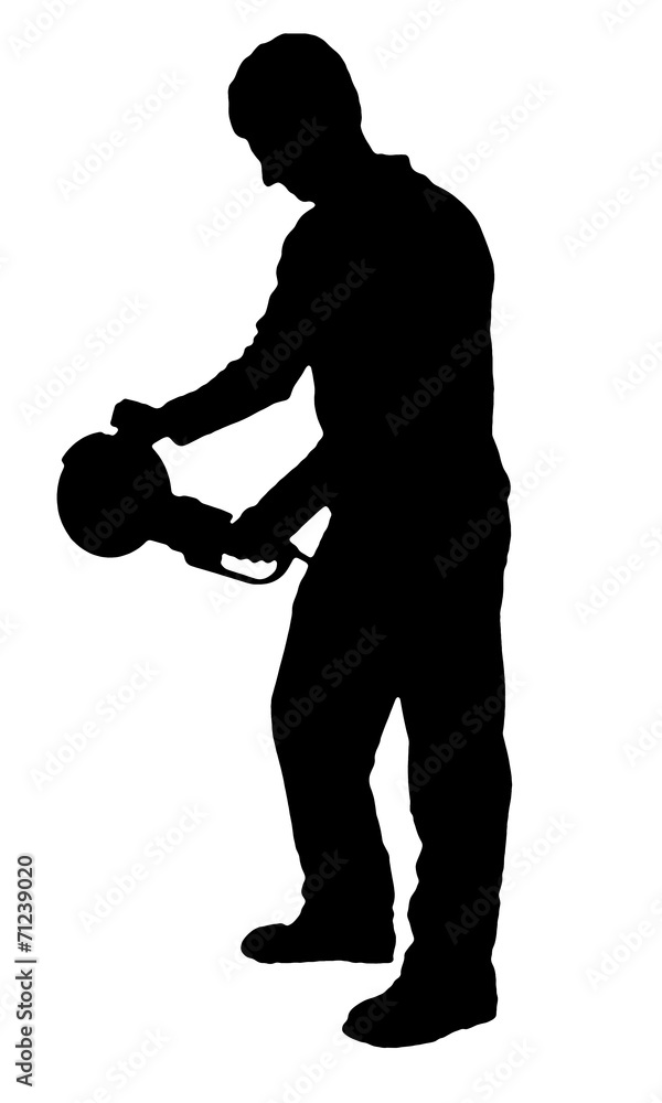 Cutting man with angle grinder silhouette on white Stock Illustration ...