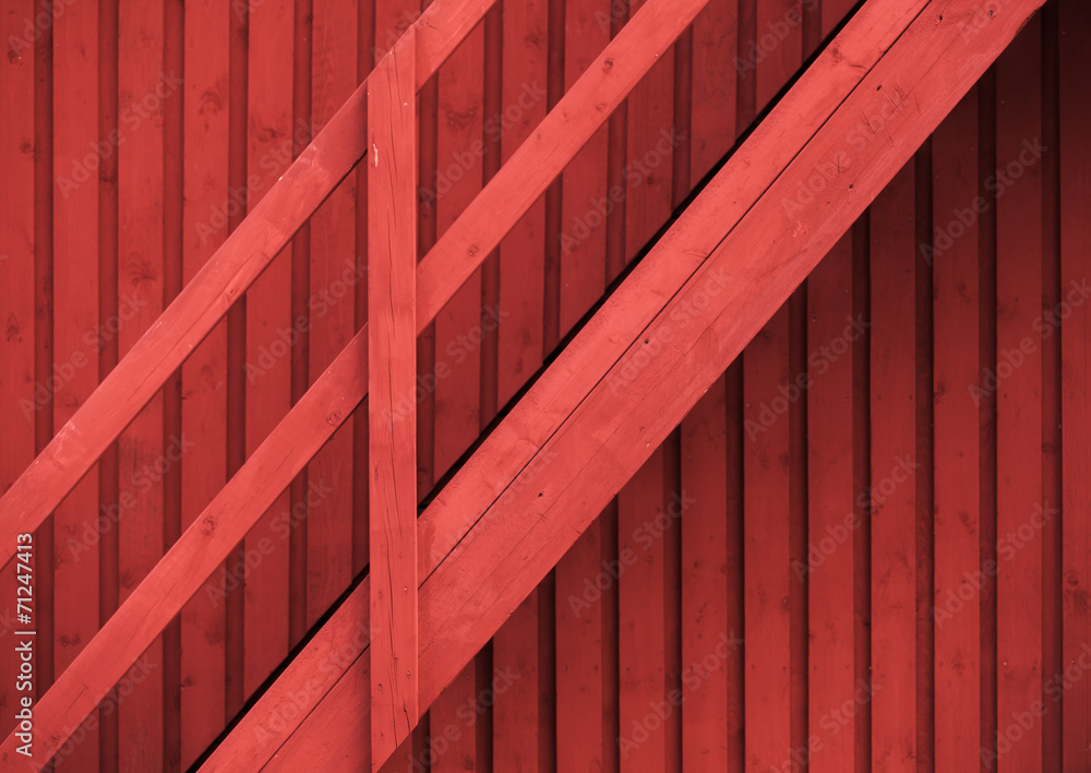 Scandinavian red rural wall and staircase with railing Stock Photo ...