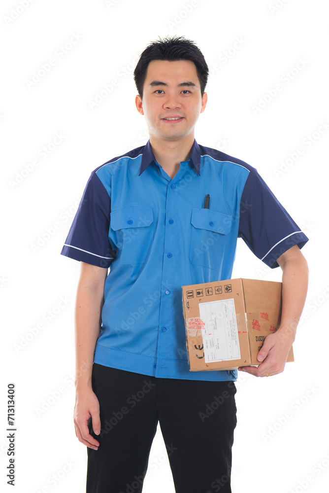 courier in blue uniform sending a package Stock Photo | Adobe Stock