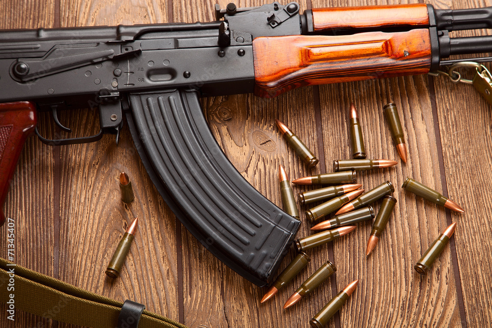 Kalashnikov assault rifles with ammunition Stock Photo | Adobe Stock