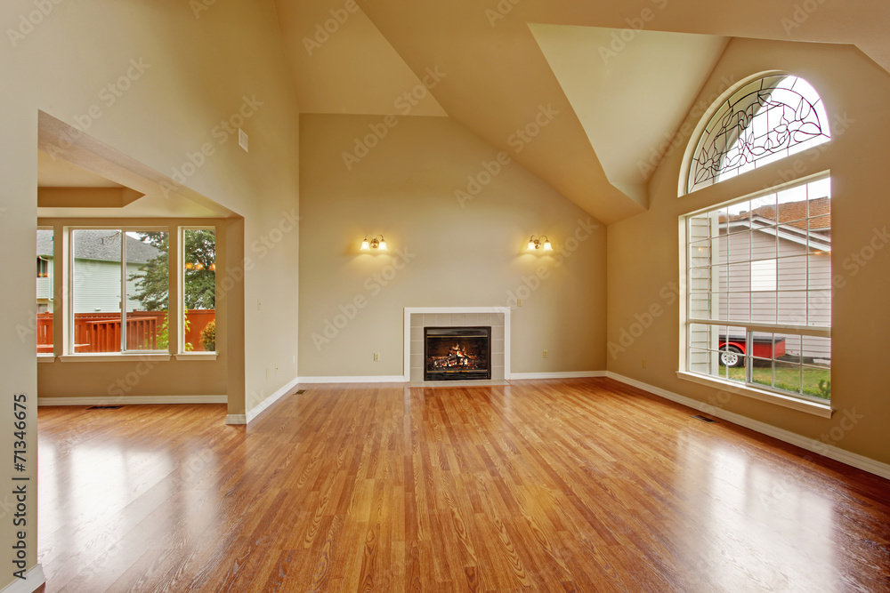 Empty living room with high ceiling and big arch window Stock Photo ...