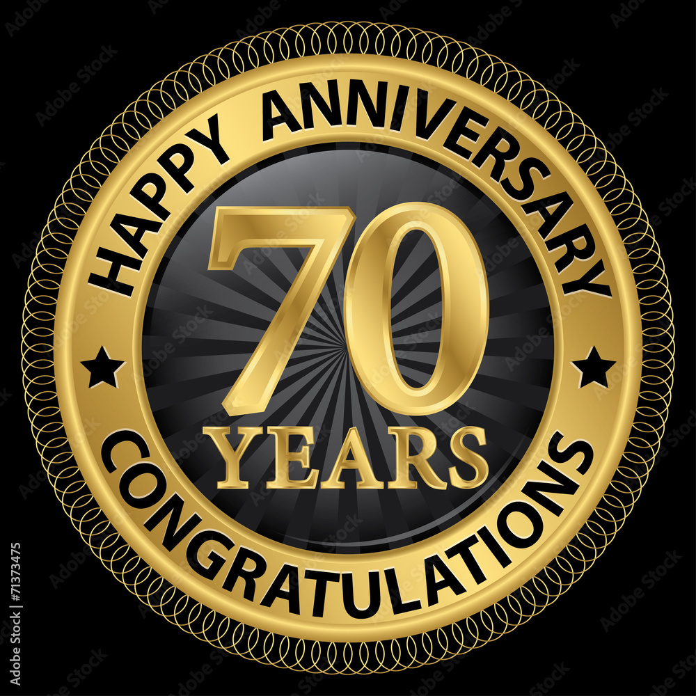 70 years happy anniversary congratulations gold label with ribbo Stock ...