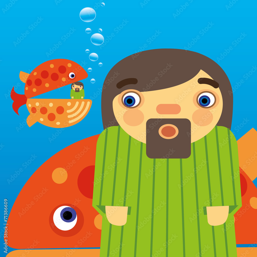 Vector detail illustration Biblical character Jonah and big fish. Stock ...