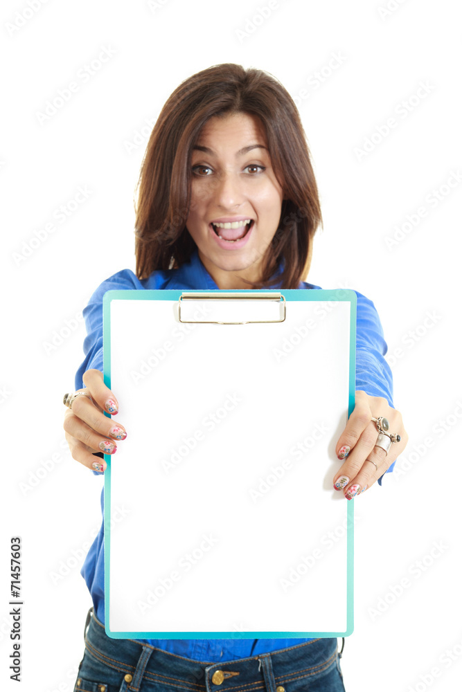 Surprised business woman hold white blank paper Stock Photo | Adobe Stock Surprised business woman hold white blank paper Stock Photo | Adobe Stock