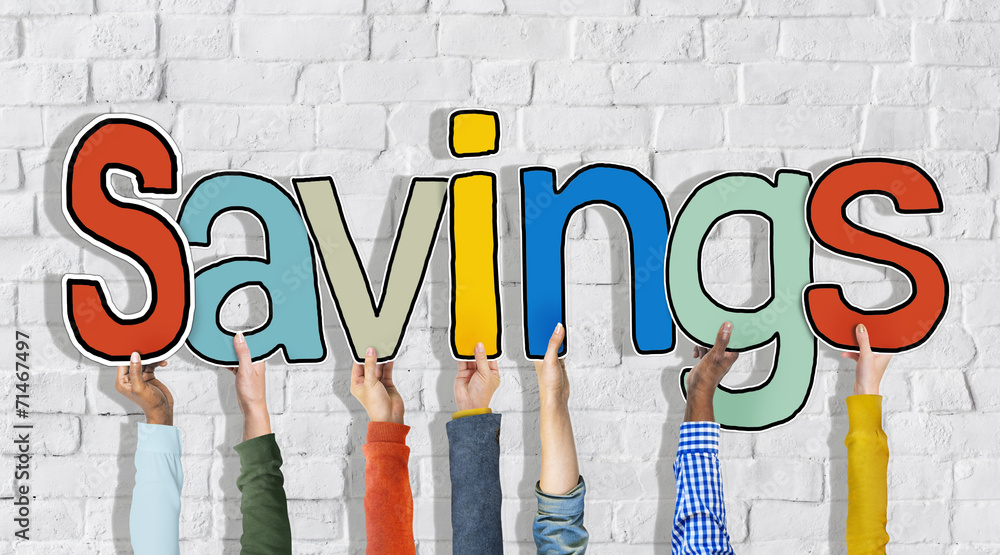 Multiethnic Group of Hands Holding Word Savings Stock Photo | Adobe Stock