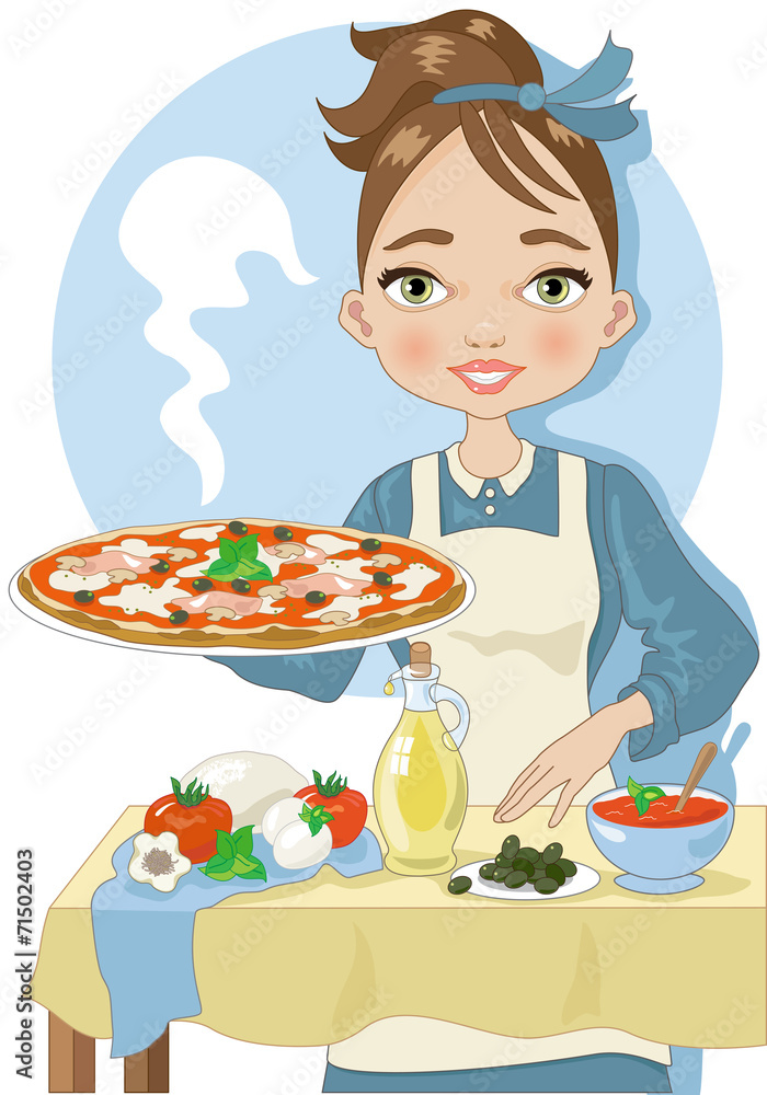Woman Cooking a Pizza Stock Vector | Adobe Stock