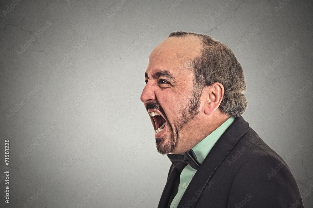 side profile portrait angry man screaming on grey background Stock ...
