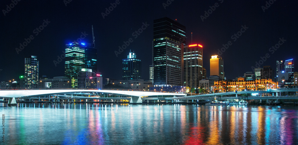 Stunning Brisbane skyline at night. City lights with river refle Stock ...