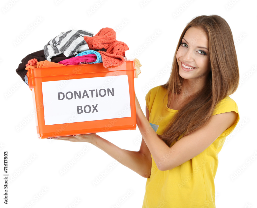Girl volunteer with donation box isolated on white Stock Photo | Adobe ...