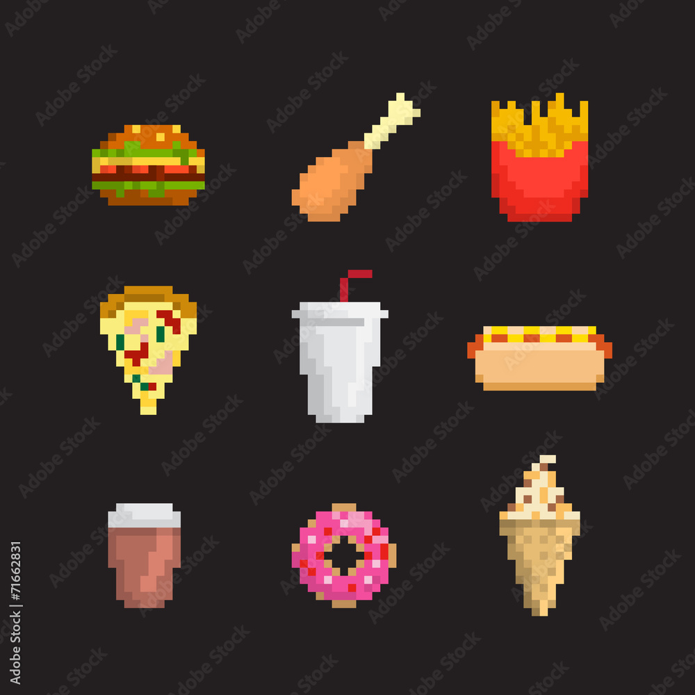 Pixel art fast food icon set Stock Vector | Adobe Stock