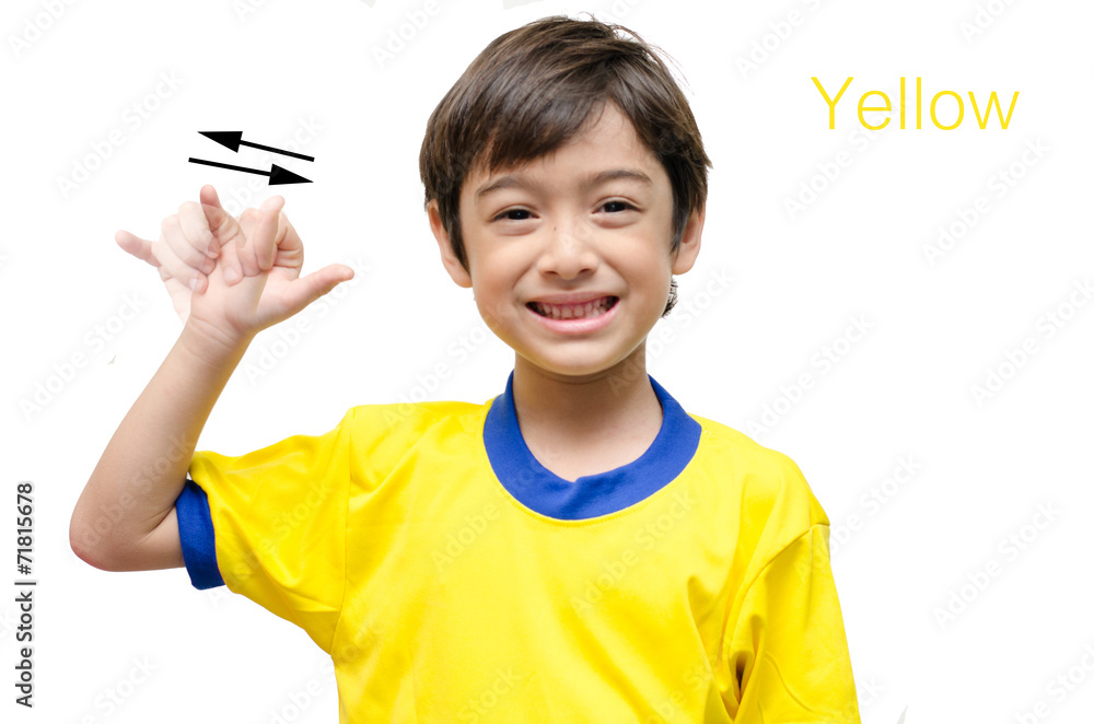 Color yellow kid hand sign language on white background Stock Photo ...