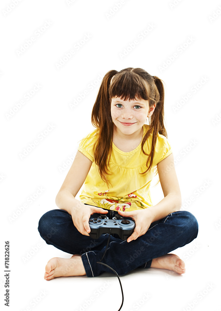 Girl using video game controller on white background Stock Photo ... Girl using video game controller on white background Stock Photo ...