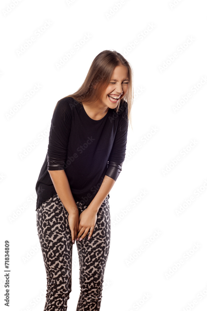 beautiful girl with long hair laugh on white background Stock Photo ...