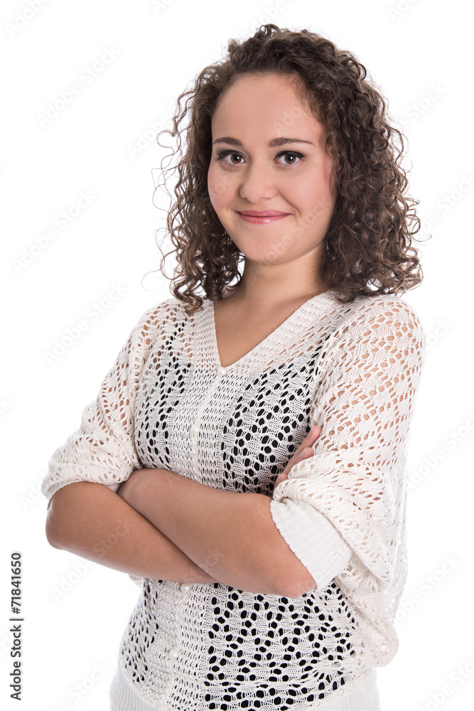 Junge freigestellte Frau mit Naturlocken Stock-Foto | Adobe Stock