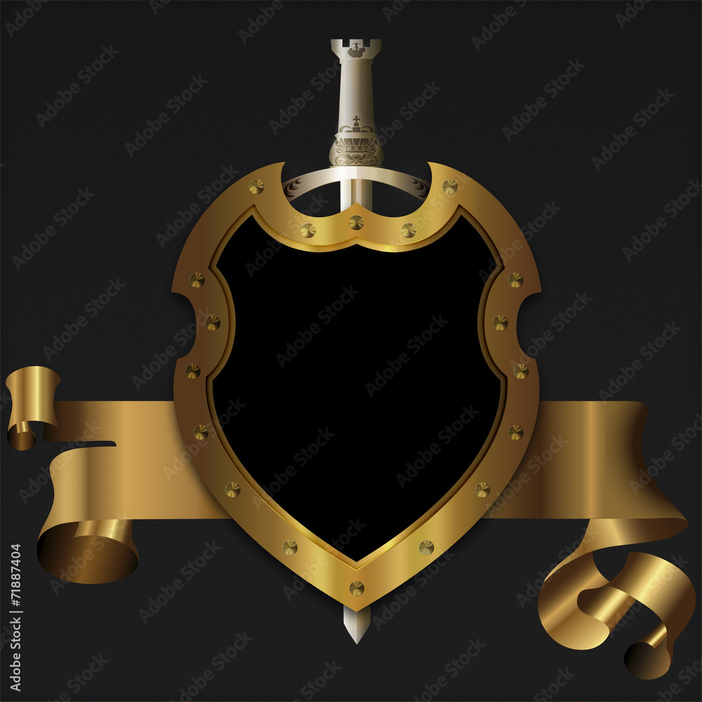 Gold medieval shield with sword and banner. Stock Illustration | Adobe ...