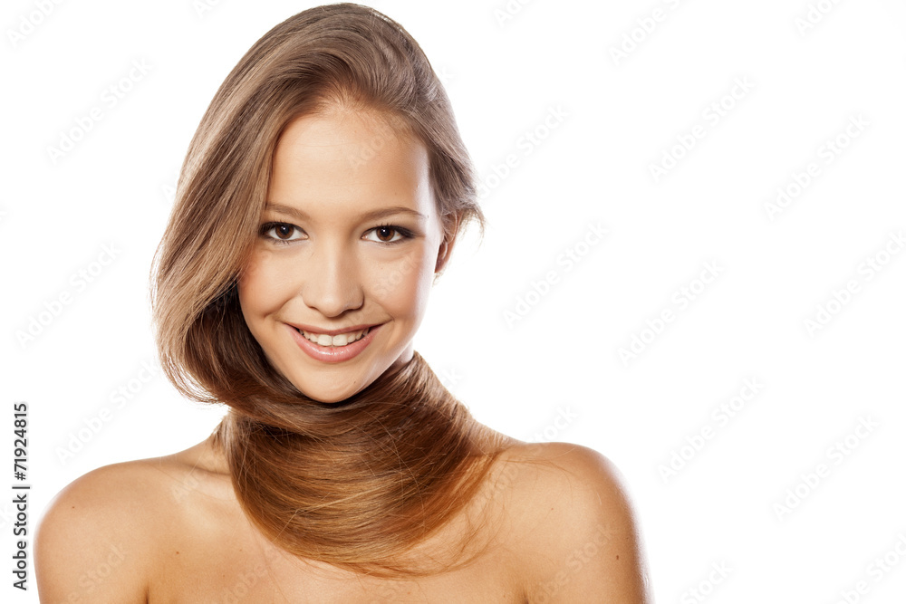 beautiful girl with long hair wrapped around her neck Stock Photo ...
