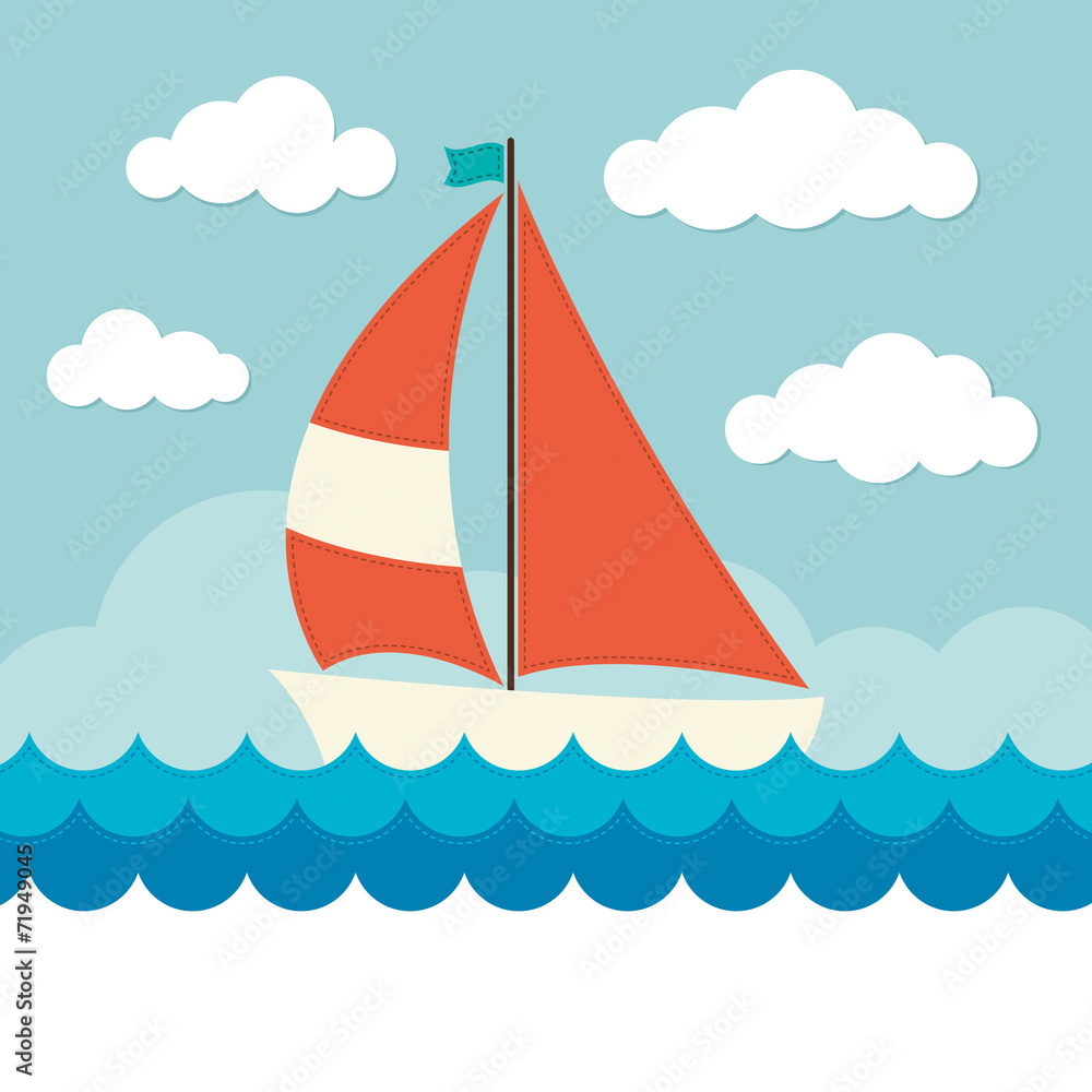 Sailing Boat on Waves Stock Vector | Adobe Stock